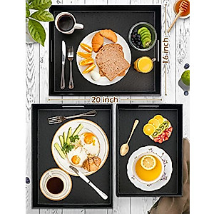 Ranslen Serving Tray with Handles, 20 x 16 Inch Rectangular Leather Tray for Coffee Table, Breakfast, Kitchen Home Black Tray Decor Extra Large