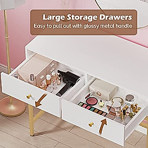 SUPERJARE Vanity Desk with 2 Drawers, Makeup Table with Golden Legs, Dressing Table for Bedroom, Computer Desk Wirting Console Table, Adjustable Feet, Metal Frame - White and Gold