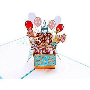 iGifts And Cards Happy 30th Blue Birthday Party Box 3D Pop Up Greeting Card - Thirty, Awesome, Cute, Congrats, Unique, Gift, Presents, Celebration, Feliz Cumpleaños, Balloons