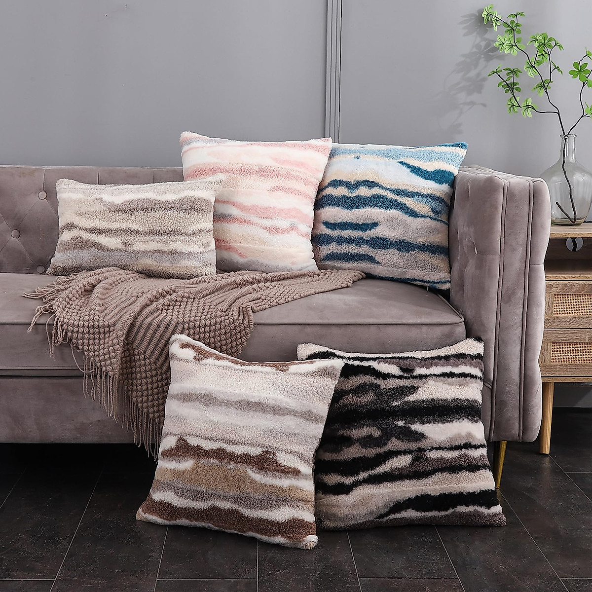 Black White Fluffy Throw Pillow Covers 18x18 Faux Fur Boucle Decorative Accent Cushion Cases Sherpa Neutral Fuzzy Plush Indoor Winter Decorations Home Decor for Couch Livingroom Bed Sofa, Set of 2