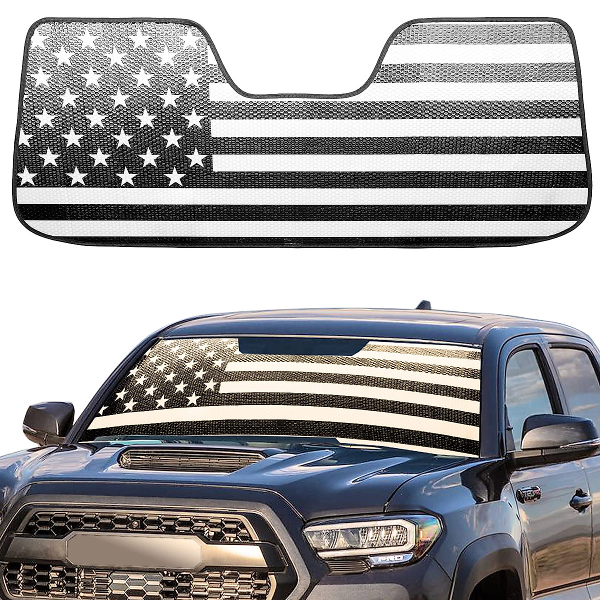 Litivy Windshield Sun Shade Compatible with Toyota Tacoma 2016-2022 TRD Off-Road, SR, SR5, TRD Sport, TRD Pro 23"x53" Folding Front Window Sun Shade for Car Accessories (American Flag)