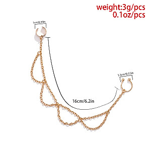 Kenjudess Sexy Pearl Beaded Tassel Nose Ring with Chain to Ear Cuff Non-pierced Septum Hoop Ring Indian Belly Dance Party Nose Accessories for Women (Gold chain)