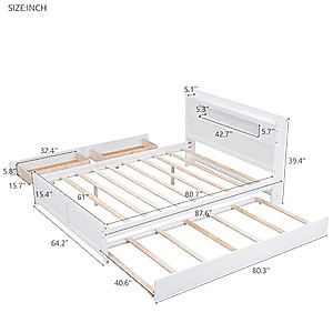 WOODRK Queen Size Storage Platform Bed Frame with Multifunctional Headboard with LED and Storage Shelves, Modern Wooden Beds with 2 Drawers and 1 Twin Size Trundle, for Bedroom, Easy Assembly, White