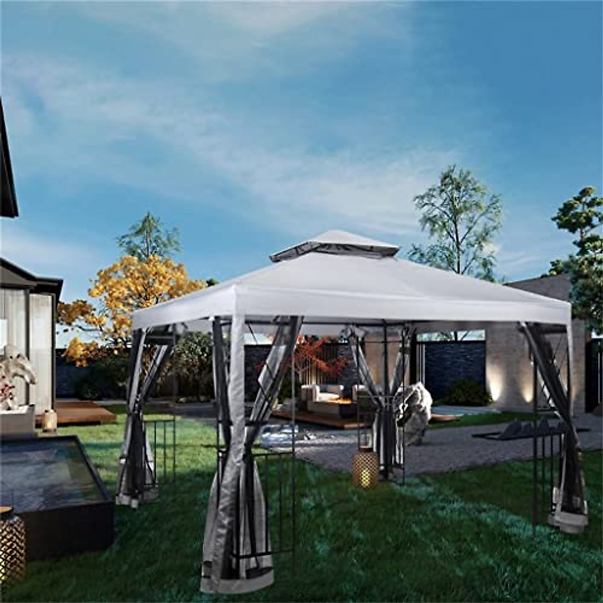 ADUH 10'X10' Gazebo Canopy, Patio Gazebo with Net and Corner Shelves, Shade Awning Shelter, Pergola Picnic Outdoor Party
