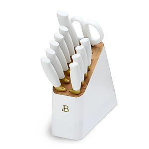 Generic 12 Piece Beautiful Knife Block Set with Soft-Grip Ergonomic Handles White and Gold by Drew Barrymore, 5306062