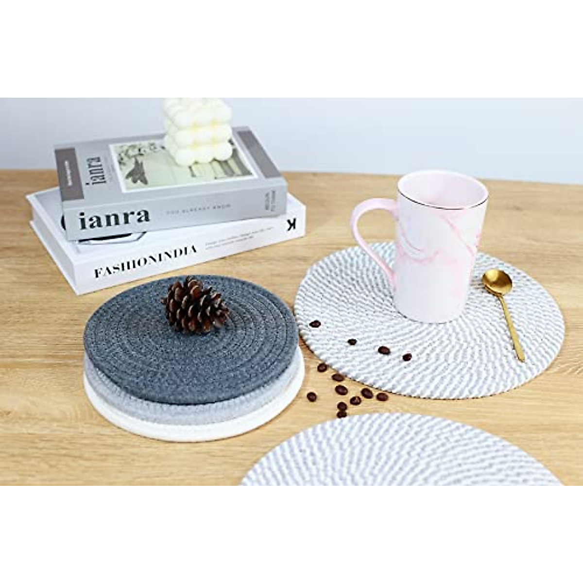 X Large 10 Inches Potholders Set 5 Pcs Trivets Set 100% Cotton Hand Woven Round Place Mats for Kitchen Absorbent, Insulated, Scratch Free Table Protection 2 Pcs 10" and 3 Pcs 7"