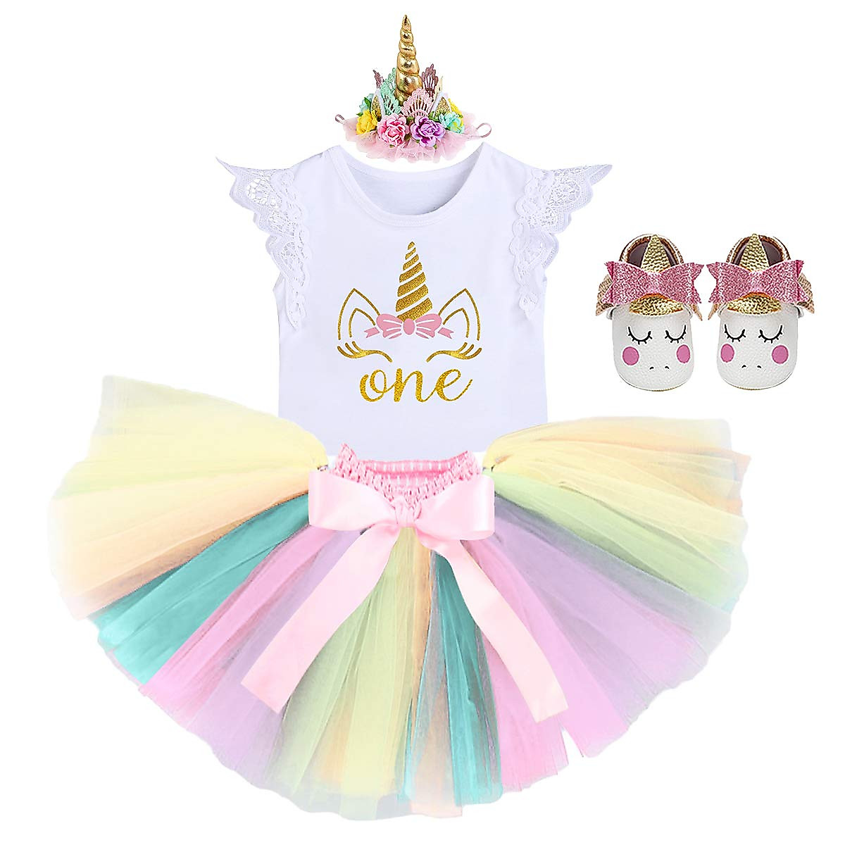 FMYFWY Baby Girls Unicorn Cake Smash 1st Birthday Princess Outfits Cotton Romper Rainbow Tutu Skirt Unicorn Headband Shoes White L