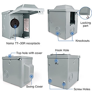 30 Amp 125 Volt RV Power Outlet Box, Enclosed Lockable Weatherproof NEMA TT-30R Outdoor Electrical Receptacle Panel, 30 Amp RV Receptacle for RV Camper Travel Trailer Motorhome Electric Car Generator
