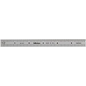 Mitutoyo 182-207, Steel Rule, 6" X 150mm, (1/10, 1/100", 1mm, 1/2mm), 1/64" Thick X 1/2" Wide, Satin Chrome Finish Tempered Stainless Steel