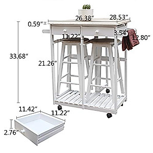 ACLULION 3 Piece Drop Leaf Dining Tables for Small Spaces, Small Rolling Dining Table Set for 2 with 2 Drawers, Space Saving Dining Table with 2 Chairs and Handle for Kitchen and Dining Room (White)