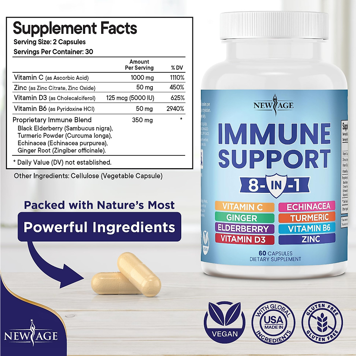 8 in 1 Immune Support Booster Supplement with Echinacea, Vitamin C and Zinc 50mg, Vitamin D 5000 IU, Turmeric Curcumin & Ginger, B6, Elderberry 120 Count (Pack of 2)