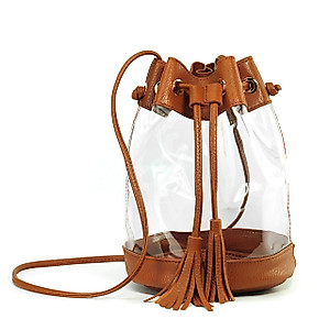 HOXIS Clear Purse Drawstring Bucket Crossbody Bag with Tassel Women PVC shoulder handbag for stadium approved (Brown)
