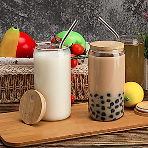 DESIYUE 4 Pcs Drinking Glasses with Bamboo Lids and Straws - 16oz Beer Can Shaped Drinking Glasses, Iced Coffee Cups, Cute Tumbler Cup Great for Soda Tea Cocktails