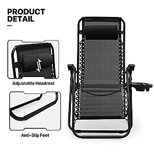 MoNiBloom 2 Pack Patio Zero Gravity Chair Outdoor Folding Adjustable Reclining Black Chairs Pool Side Beach Lawn Lounge Chair with Pillow and Cup Holder, 330lbs Capacity, Black