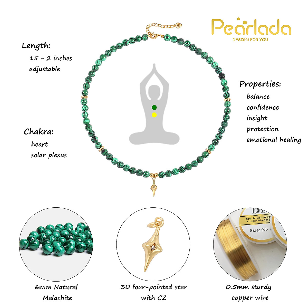 PEARLADA Boho Malachite Beaded Choker, Chakra Gemstone Necklace for Women, 18k Gold Star Charm Pendant Necklace
