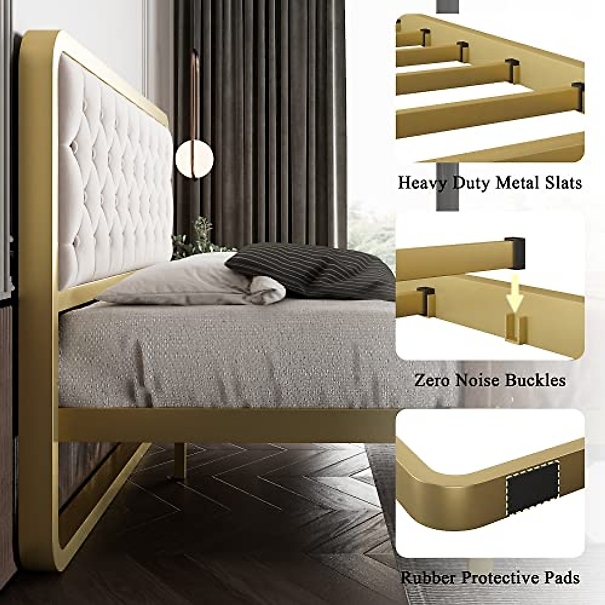 Feonase Full Size Platform Bed Frame with Heavy-Duty Steel Slats, Velvet Upholstered Headboard, 12" Storage Space, No Box Spring Required, Noise Free, Easy Assembly, Golden and Beige