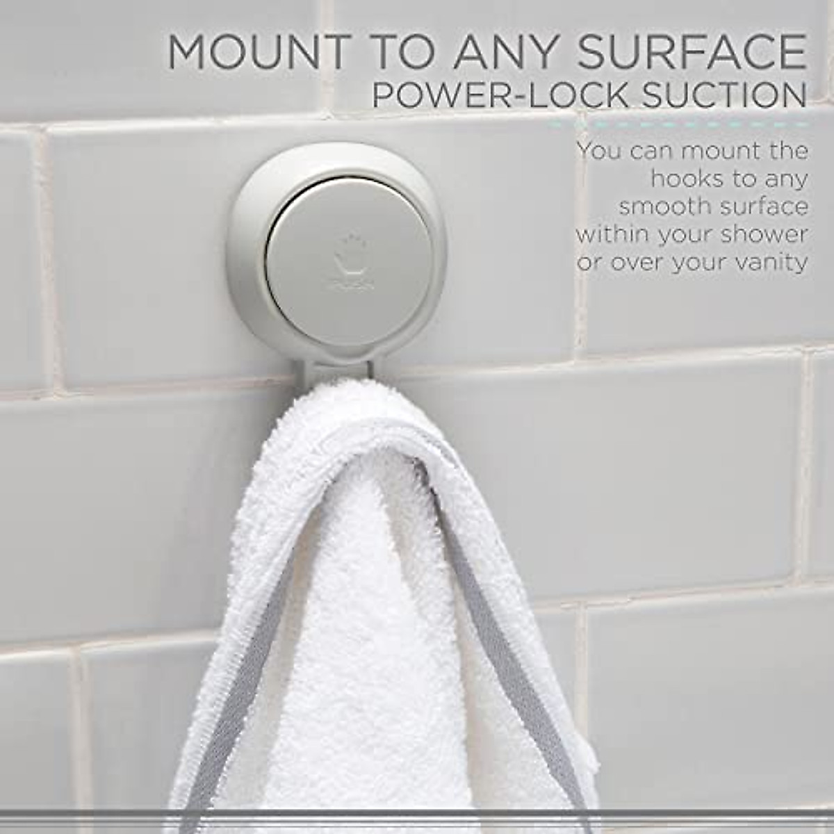 Bath Bliss 2 Pack Power Lock Gel-Suction Hooks | Shower and Bathroom Hook | Towel | Robe | Loofahs | Bags | Jackets | Easy Release | No Tools Required | White