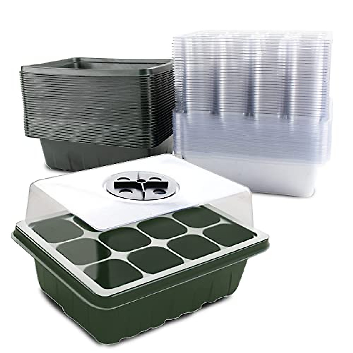 Anothera 30-Set Seed Starter Tray and Garden Propagator Kit (12 Cells Per Tray,Total 360 Cells) with Adjustable Humidity Dome and Base Greenhouse Grow Trays for Seeds Growing Starting（Dark Green）