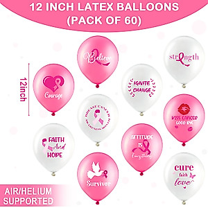60 Pieces Breast Cancer Awareness Balloons Pink Ribbon Latex Balloons Round Party Printed Balloons with 2 Rolls Pink or White Ribbons for Pink Ribbon Party Decoration Supplies, 12 Inch, 10 Designs