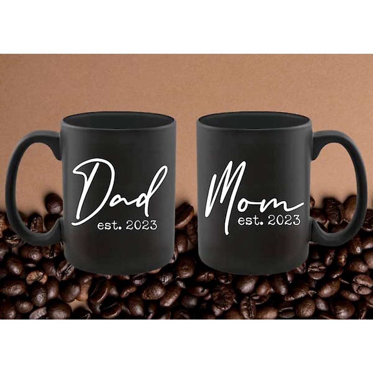 Pregnancy Gift Est 2023 - New Mommy and Daddy Est 2023 11 oz Black Mug Set with "And So The Adventure Begin" Romper (0-3 Months) - Top Mom and Dad Gift Set for New and Expecting Parents to Be