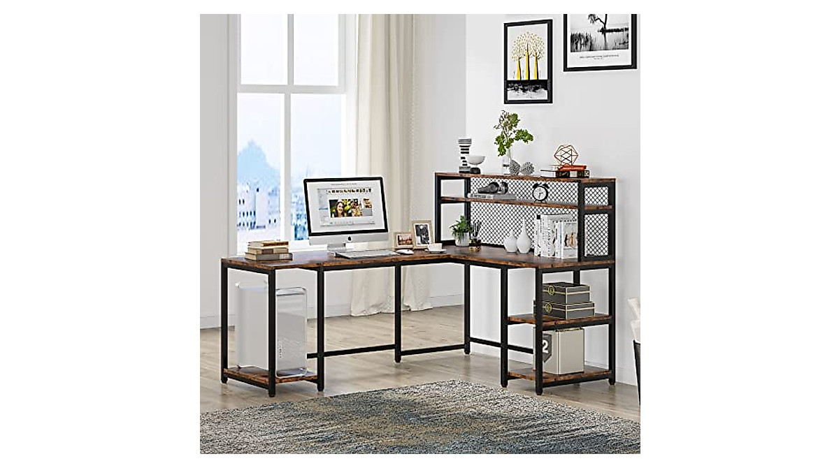 Tribesigns 67" Reversible Computer Desk with Storage - Rustic Brown