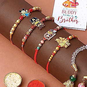 SATVIK Set of 5 Rakhi Family Combo 2 Bhaiya +1 Bhabhi Lumba + 2 rakhi for Brother Bhaiya Bhabhi Traditional Handmade Assorted Designer Rakhi Set Roli Chawal, Greeting Card & Sita-Ram Sticker