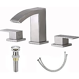 Friho Modern Widespread 3 Hole Waterfall Brushed Nickel Bathroom Faucet, Extra Large Rectangular Spout 8 inch Bathroom Vanity Sink Faucet with Pop Up Drain and Supply Lines