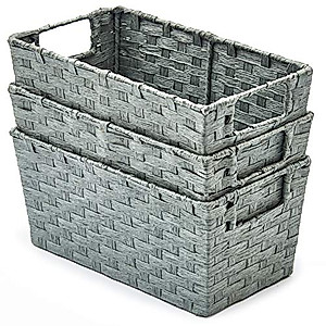 EZOWare 3pcs Weaving Storage Baskets, Multipurpose Wicker Organizer Bins Boxes with Handles for Shelf, Bathroom, Pantry, Accessories - Paper Rope Gray