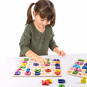 XJYQJD Wooden Alphabet Puzzle for Toddlers, 3 in 1 Lower Case Alphabet Letter Puzzles ABC Uppercase & Lowercase & Number Puzzle Set for Preschoolers Kids Ages 3-5 Alphabet Learning Educational Toy