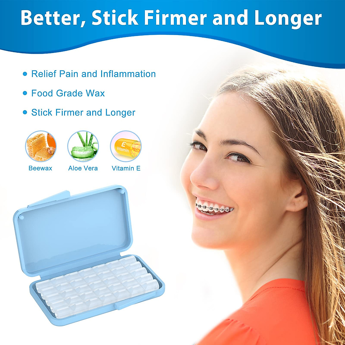 Braces Wax - 10 Pack (50 Precut Orthowax Strips). Flavorless & Mint. Separate Cases, a Storage Box & 2 Applicator Tools - Food-Grade Premium Wax for Braces Wearer- Stick Better(w/Aloe Vera+Vitamin E)