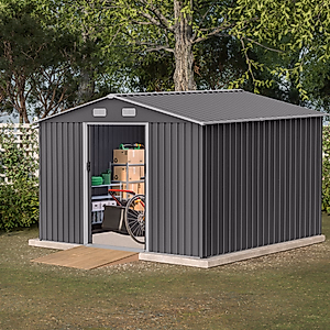 Favfurish 10×8 FT Metal Outdoor Storage Shed, Large Garden Sheds with Metal Foundation & Lockable Doors, All Weather Anti-Corrosion Galvanized Steel Tool House for Backyard Garden Lawn,Grey