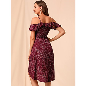 Allegra K Women's Spaghetti Strap Ruffled Sleeves Asymmetrical High Low Floral A-Line Midi Dress Large Wine Red