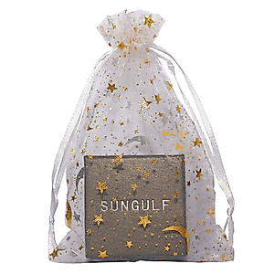 SUNGULF 100Pcs 4x6 Inches Sheer Organza Drawstring Pouches Stars and Moon Wedding Party Favor Jewelry Candy Gift Bags (White)