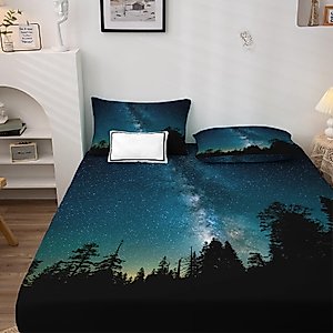 Starry Sky Sheets Twin Size, Forest Bed Sheets, Patterned Bedding Sheets & Pillowcases 3 Piece Set - Soft Microfiber Deep Pocket Fitted Sheet & Flat Sheet & Pillow Case L2-&-225