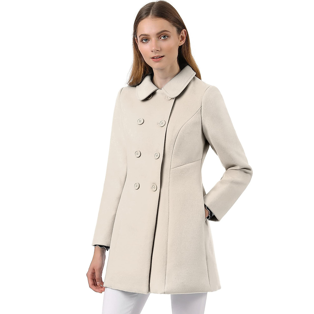 Allegra K Women's Peter Pan Collar Double Breasted Winter Long Trench Pea Coat Small Beige