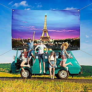 Paris Eiffel Tower Backdrop Banner Background Photo Booth Prop, Paris Night View Props Wall Photography Background Banner 6 x 3.6 Feet with 4 Copper Holes and 19.7 ft Black String