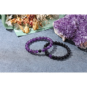 Jovivi 2pcs 8mm Black Obsidian & Amethyst Healing Crystal Stone Stretch Bracelets Handmade Natural Round Gemstone Beaded Energy Beads Chakra Bracelet for Women Men Couples Distance Gifts