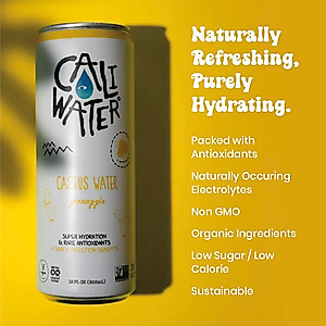 Caliwater - Organic Cactus Water - Pineapple - 5g Sugar, 35 Calories - Coconut Water Alternative - Natural Plant Based Hydration - Skin Care, Electrolyte Drinks - Flavored Water Beverages - 12 Cans