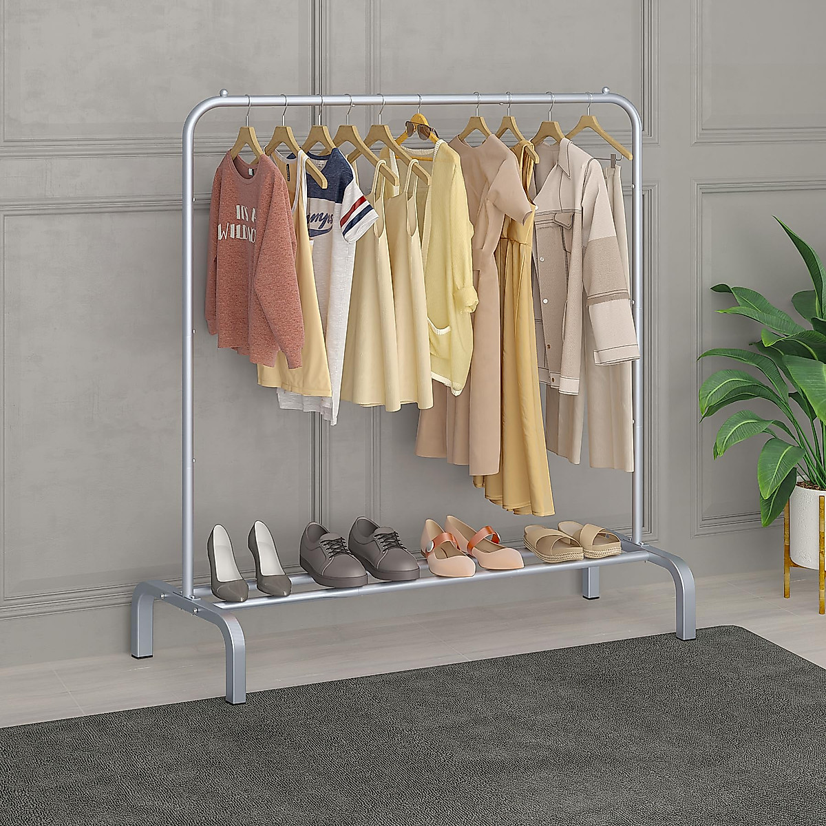 JIUYOTREE Metal Clothing Rack 43.3 Inches Clothes Garment Coat Rack with Bottom Shelf Clothing Rack for Hanging Clothes Coats Skirts Shirts Sweaters Silver Gray
