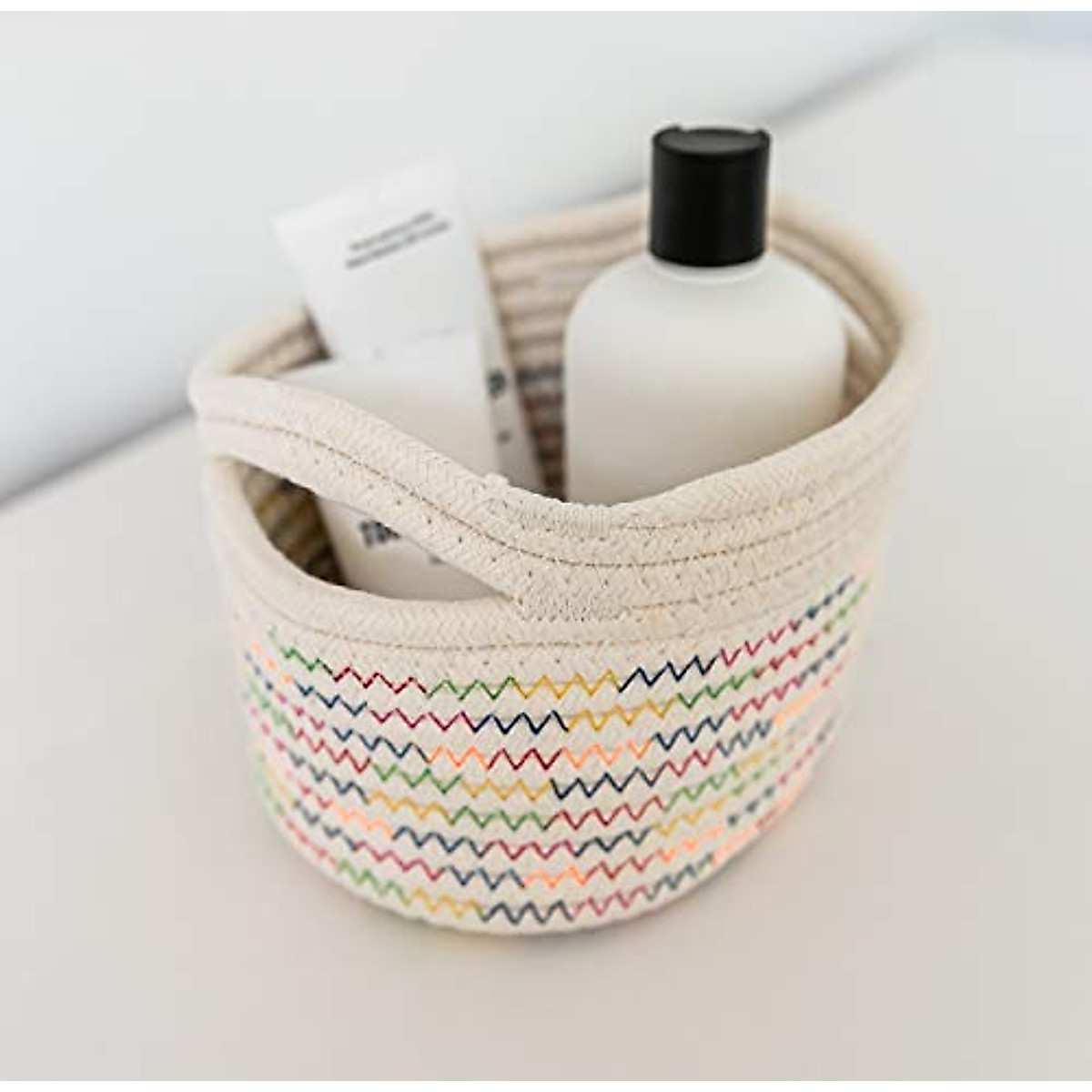 OrganiHaus Set of 3 Rainbow Nursery Storage Baskets for Shelves, Baby Changing Basket, Small Woven Baskets for Storage, Cotton Rope Basket for Toys, Basket with Handles, Round Towel Basket Bins