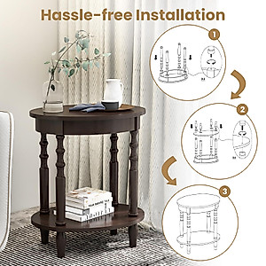 GOFLAME 2-Tier Oval End Table, Sofa Side Table with Storage Shelf, Solid Wood Legs, Modern Accent Table, Compact Nightstand for Living Room, Bedroom, Small Space, Espresso