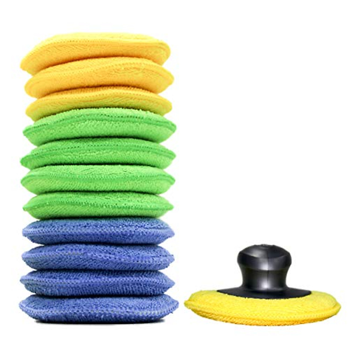 Polyte Microfiber Detailing Wax Applicator Pad w/2 Handles, 5 in, 12 Pack (Multi-Blue,Green,Yellow)