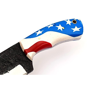 Custom Handmade High Carbon Steel Hunting Skinning Knife Outdoor Camping Hiking Bushcraft Resin American Flag Handle Hand forged Full Tang Knife With Leather Sheath