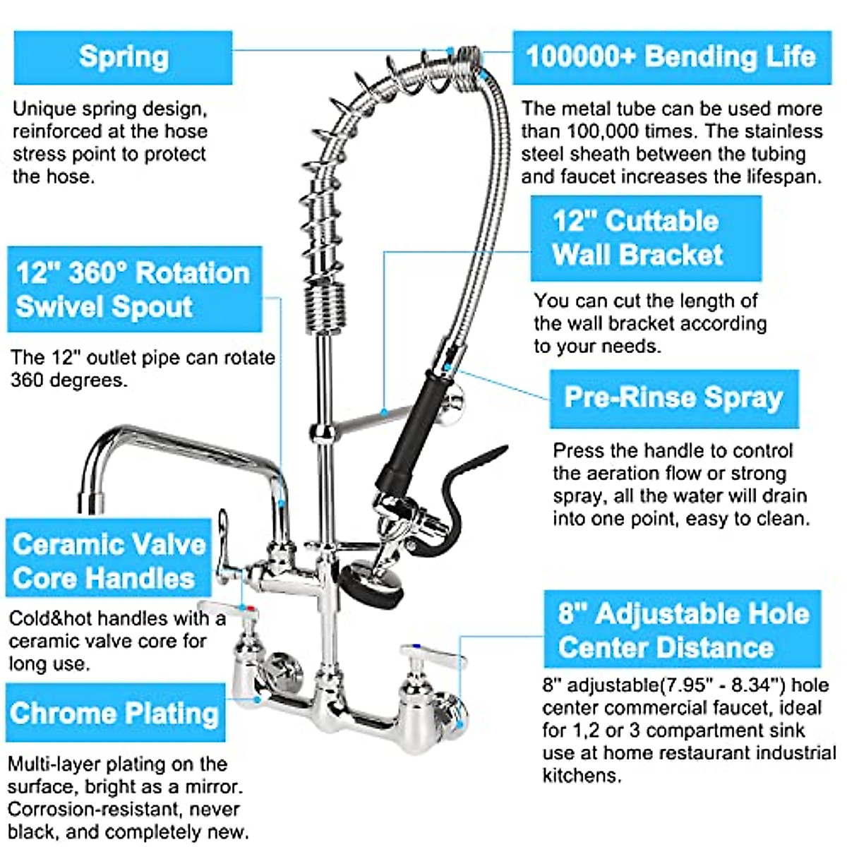 TCEUMIK Commercial Kitchen Sink Faucet with Pre Rinse Sprayer 8'' Center 25'' Height 12'' Swivel Spout Adjustable Wall-Mount Kitchen Faucet for 1, 2, 3 Industrial Restaurant Compartment Utility Sinks