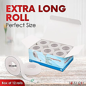 HEALQU Surgical Transparent Tape for Wound Care, Tubing, First Aid Supplies - 1" x 10yd Box of 12 Breathable, See Through, Microporous Waterproof Tape with Gentle Adhesion and Easy Monitoring