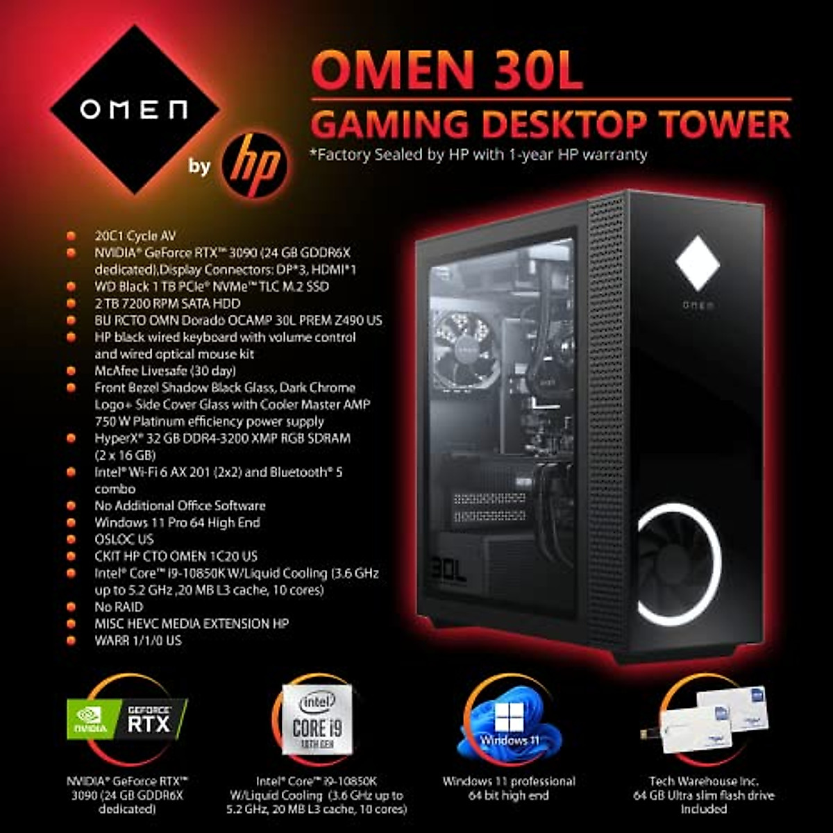 HP Gaming Desktop Tower i9-10850K, Hyper X 32GB RAM DDR4, 1TB NVMe SSD+2TB HDD 7.2K, 24GB Nvidia, 750W Cooler Master PSU, Win 11 Home