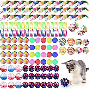 Shappy 150 Pcs Cat Ball Toys Bulk Include 30 Mice Toy 10 Rainbow Balls 4 Lattice Balls 4 Sisal Balls 20 Table Tennis Balls 20 Plush Balls 32 Springs 18 Crinkle Balls 2 Caged Rat Balls 10 Bell Balls