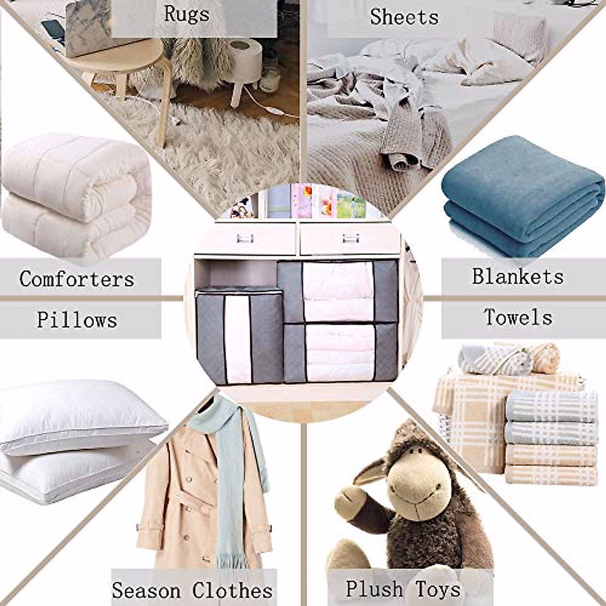 Daily Treasures Extra Large Blanket Bags, 4Pcs Fabric Clothes Storage Bags - with Clear Window & Reinforce Handles, Perfect for Blankets, Comfoters, Sweater Storage(Grey)