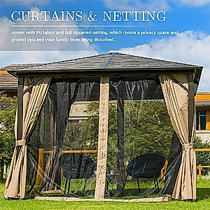 10'X10' Outdoor Hardtop Gazebo Permanent Canopy with Galvanized Steel Single Roof, Aluminum Frame,Curtains and Netting,Can Be Used for Sunshade and Rain Protection On The Garden Backyard Terrace