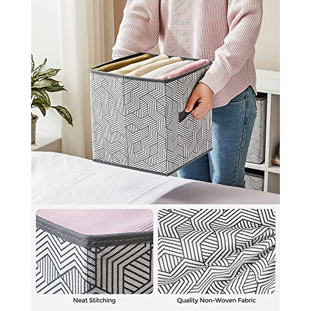 SONGMICS Storage Cubes, Set of 6 Non-Woven Fabric Storage Bins, Cube Drawers for Shelves and Closet Storage, Foldable, for Clothes Toys, Gray with Zigzag Pattern UROB016G01